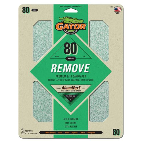 Gator? Premium Sand Paper 80 Grit Medium 9" x 11" 3 Sheets